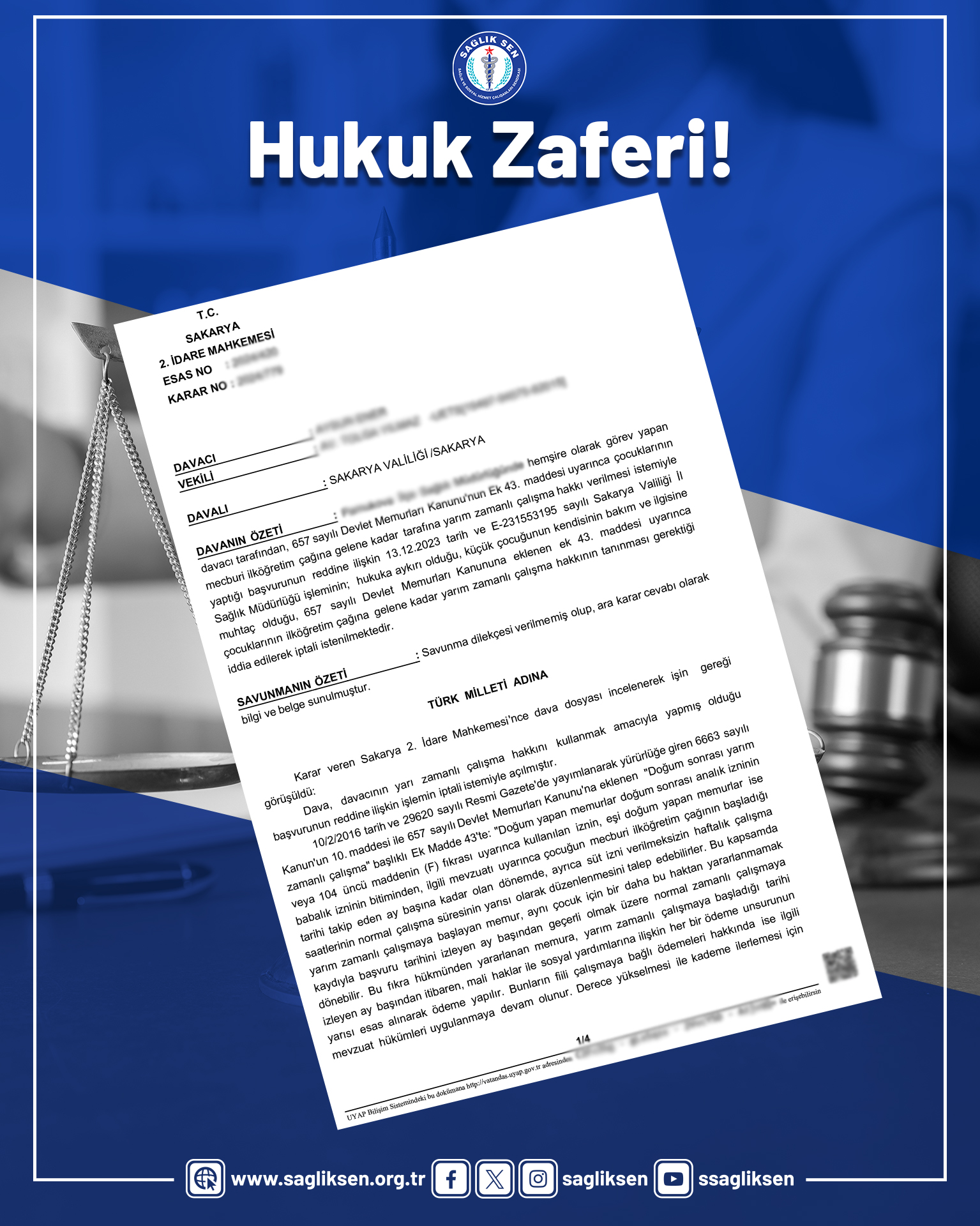 Sağlık Sen Sakarya 'Şubesi'nden bir hukuk zaferi daha!